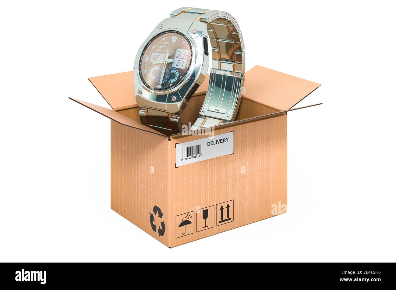 Analog digital watch inside cardboard box, delivery concept. 3D ...