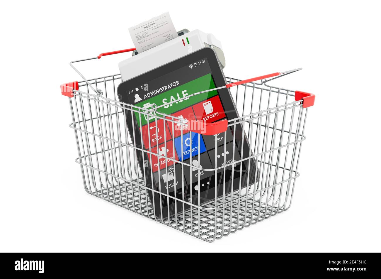 Online cash register inside shopping basket, 3D rendering isolated on ...