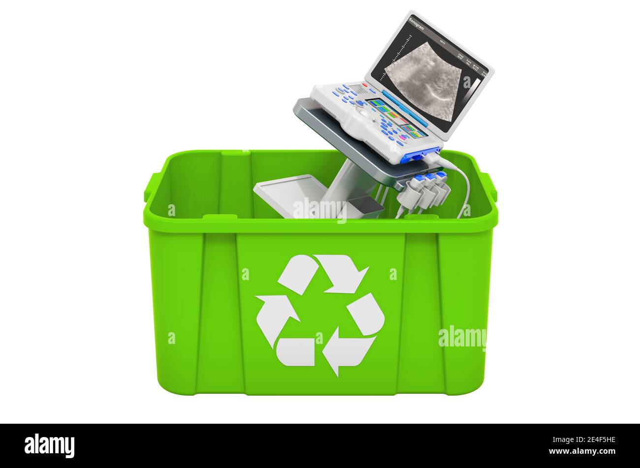 Recycling trashcan with ultrasonic diagnostic machine, 3D rendering ...