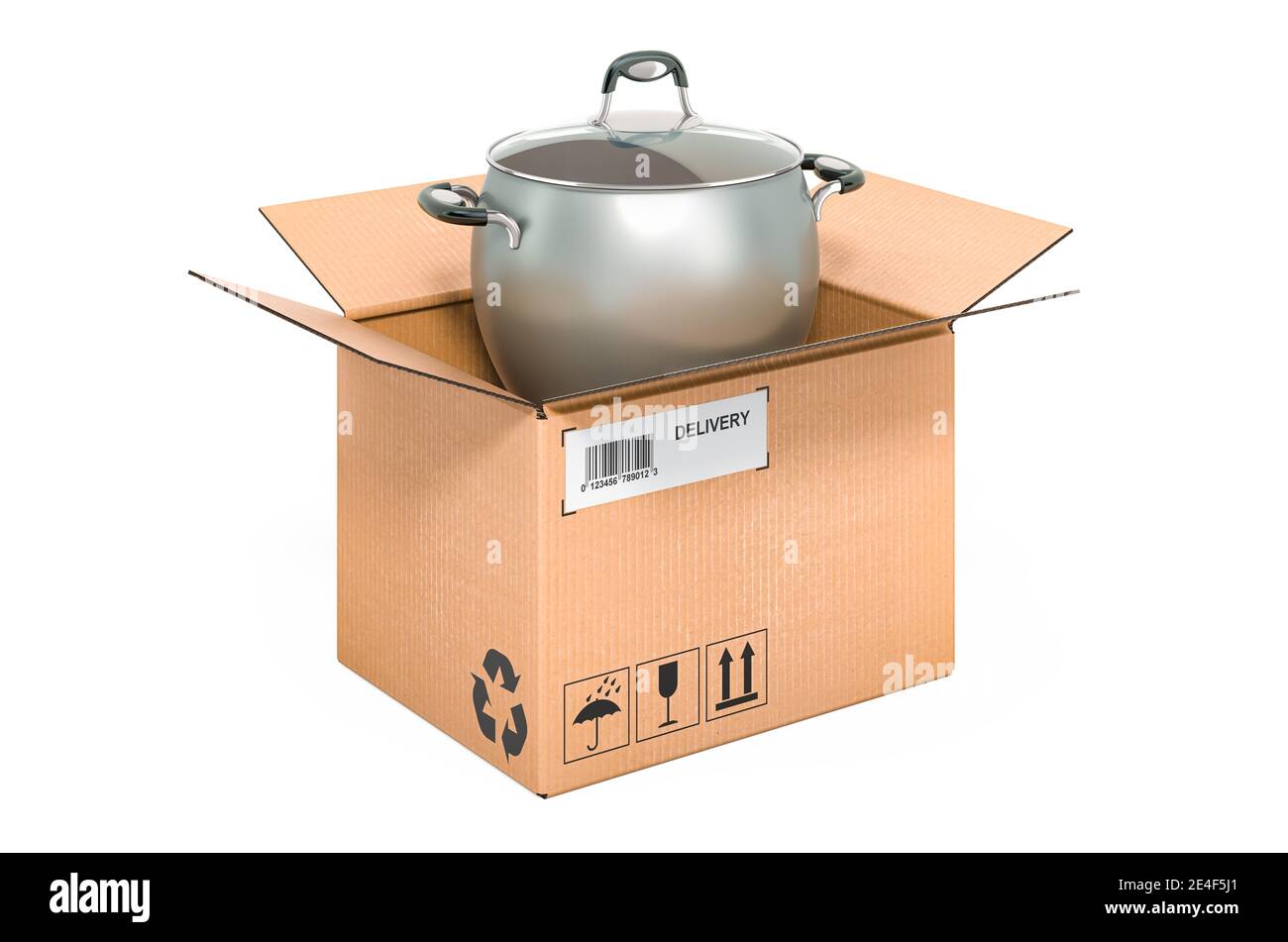 Steel stock pot with glass cover inside cardboard box, delivery concept ...