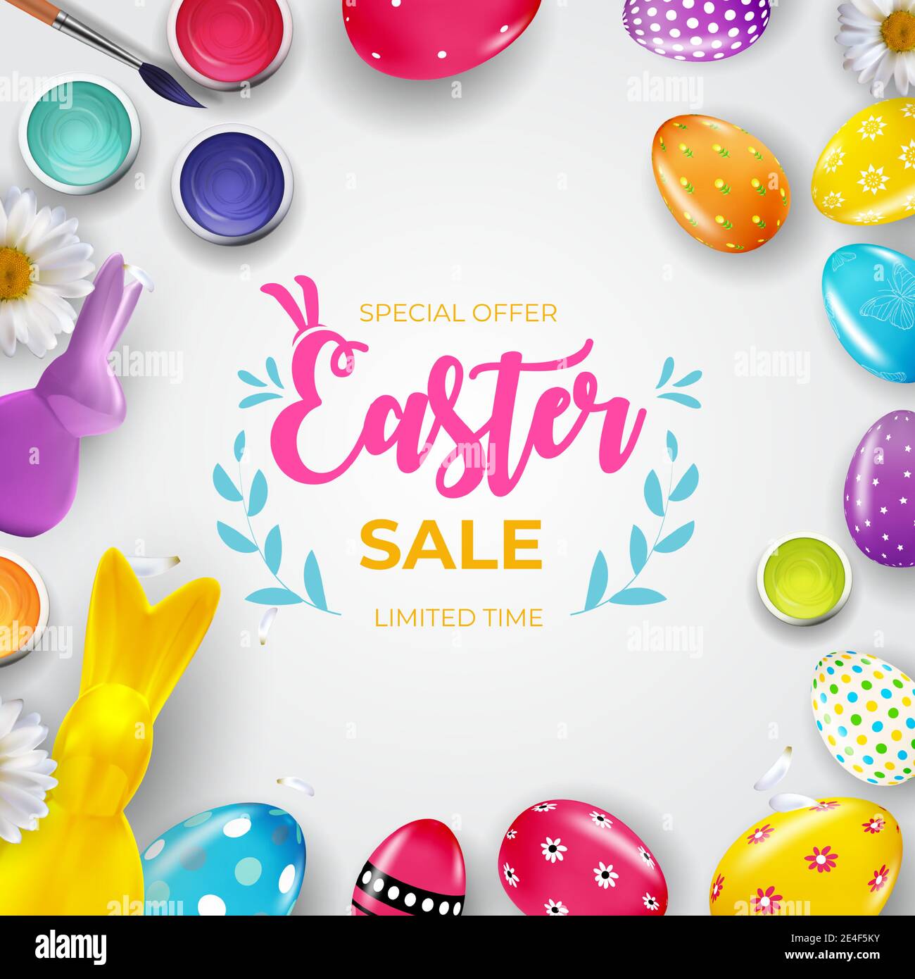 Easter sale poster template with 3d realistic Easter eggs and paint ...