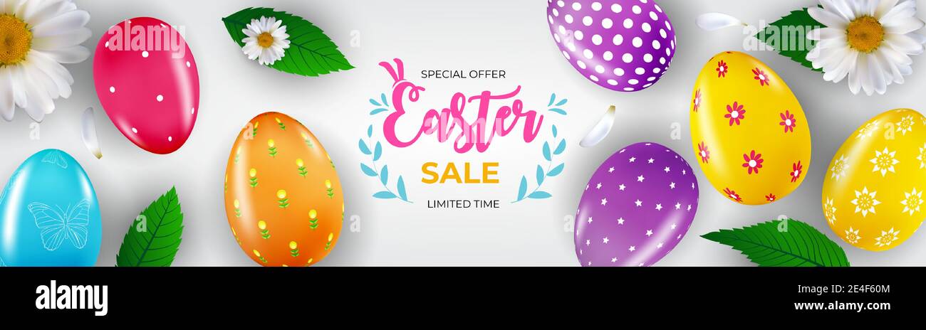 Easter sale poster template with 3d realistic Easter eggs and paint ...