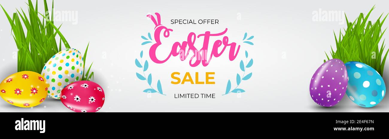 Easter sale poster template with 3d realistic Easter eggs and paint ...