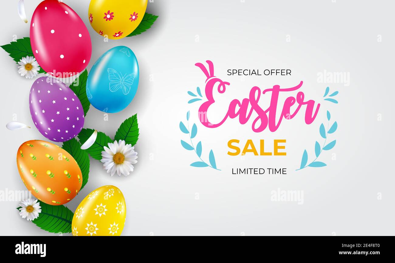 Easter sale poster template with 3d realistic Easter eggs and paint ...