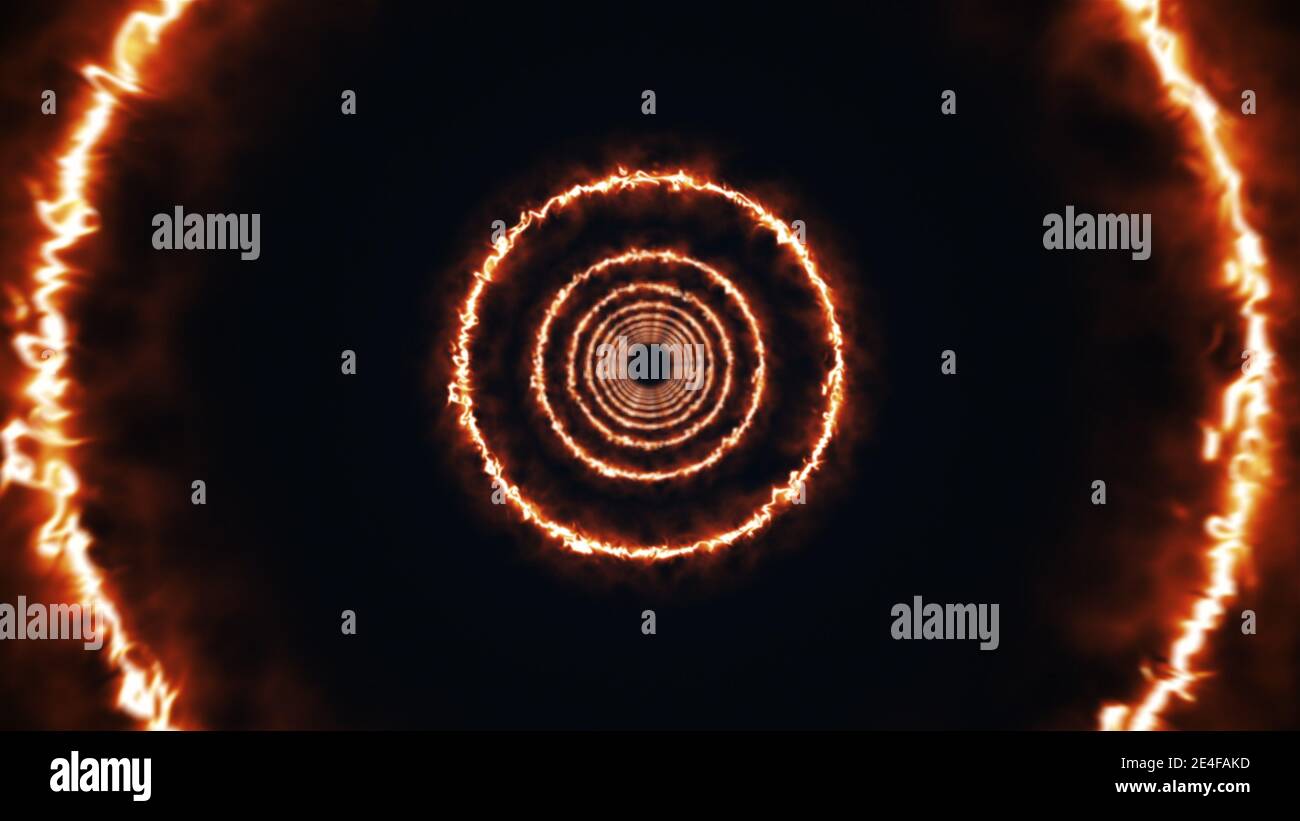 Rotating fire rings form an endless long, computer generated. 3d ...