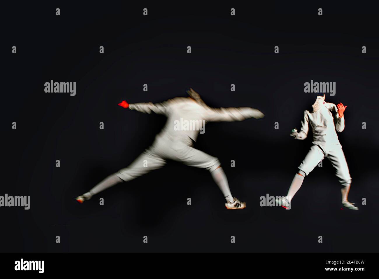 Graphic blurred image of two fencers duelling - one lunging on the ...