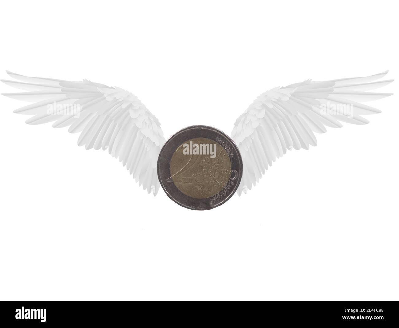 Two Euro coin with white wings of an angel isolated on a white ...