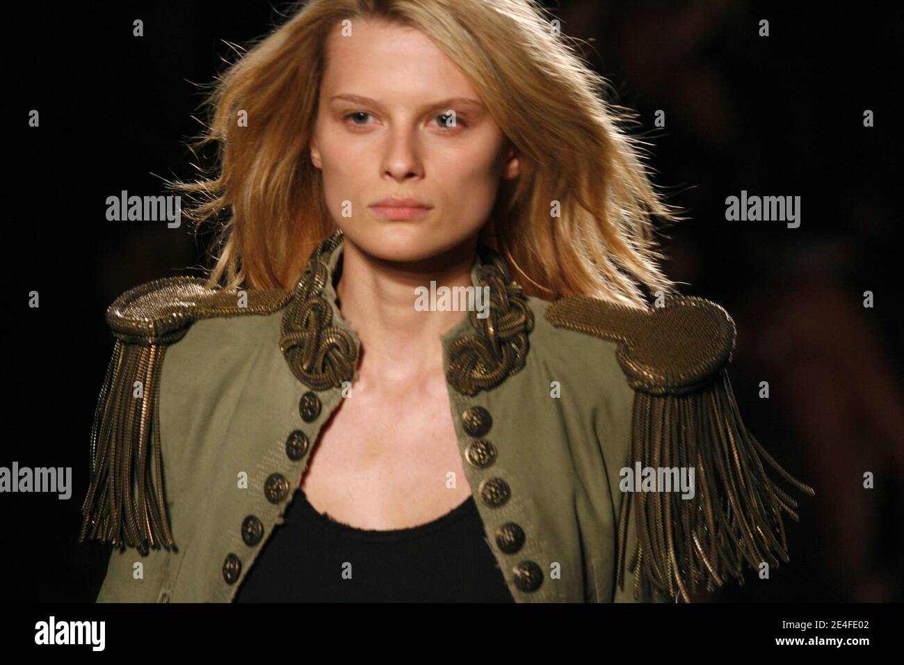 A model displays a creation by French designer Christophe Decarnin for ...