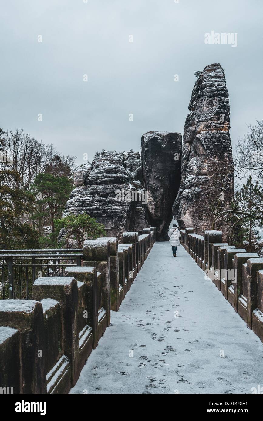 Bastei bridge in winter, Saxon Switzerland Stock Photo - Alamy