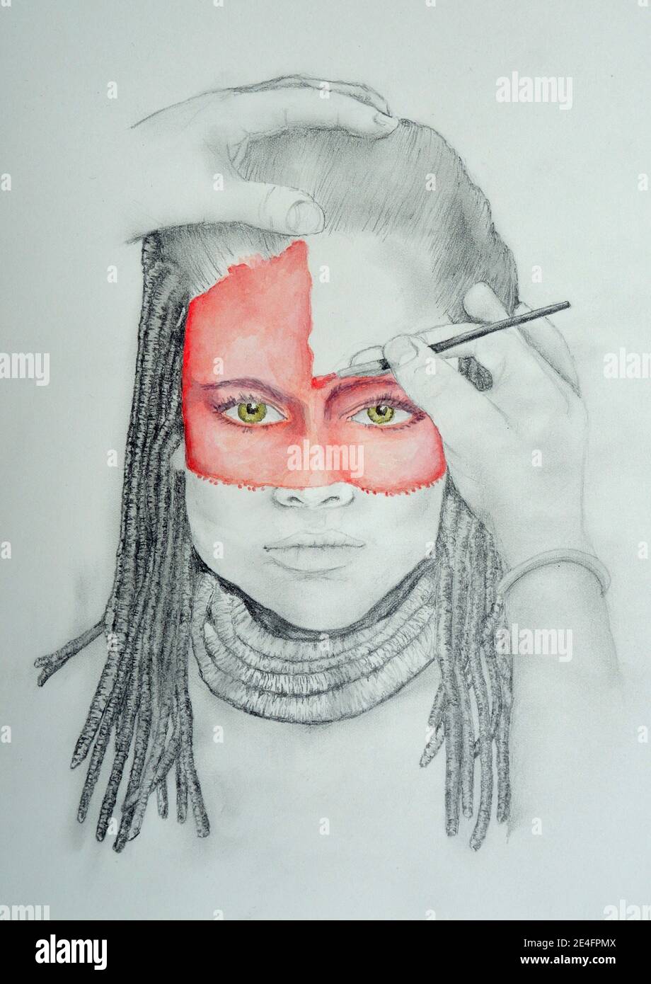 Pencil and watercolor drawing of young woman having face painted red ...