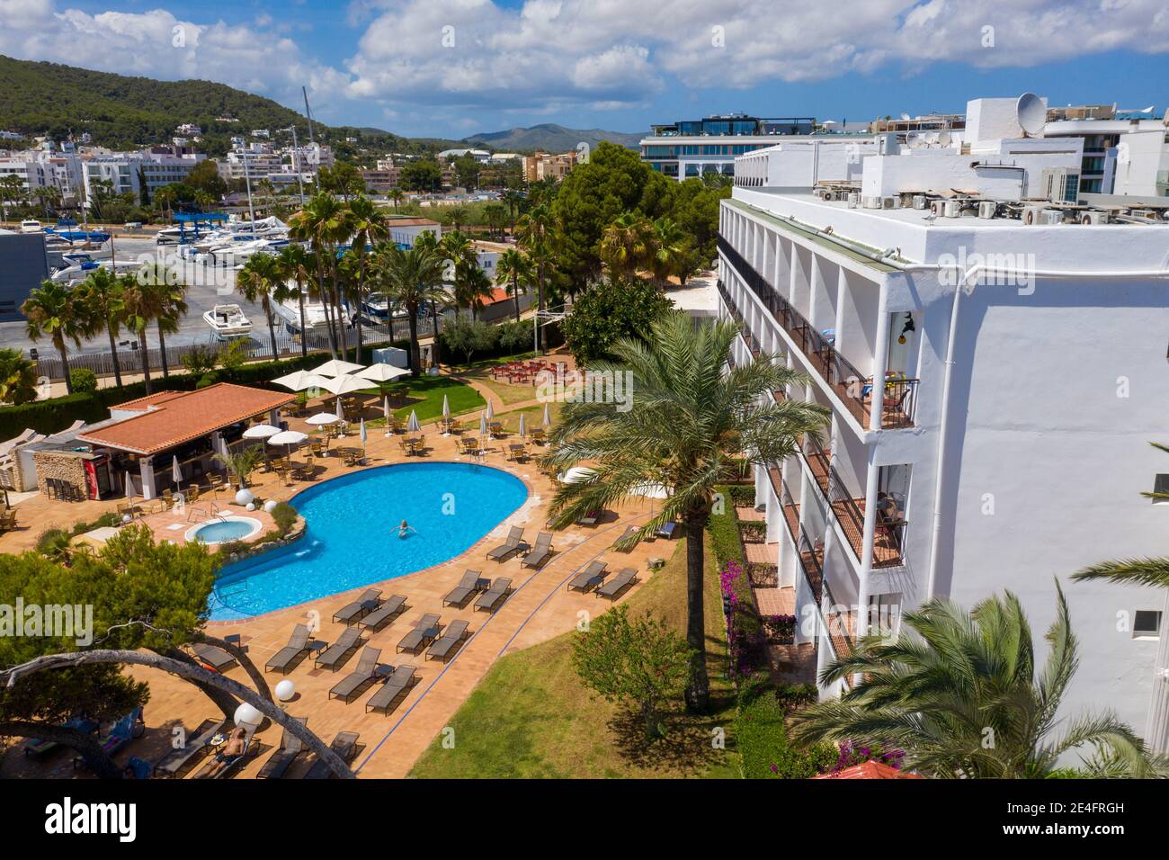 Aerial drone photo of the beautiful island of Ibiza in Spain showing a ...