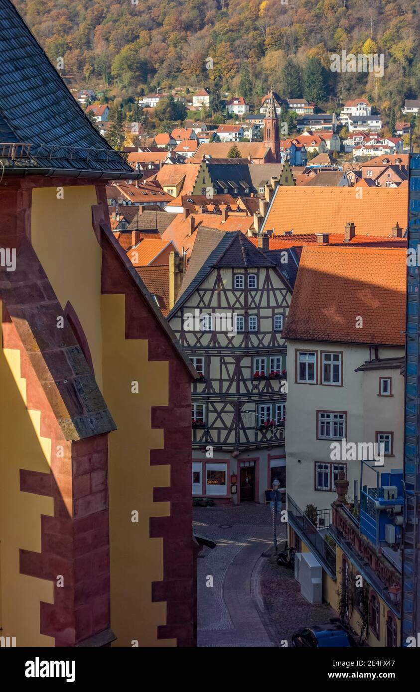 aerial view of Wertheim, a town in Southern Germany at evening time ...