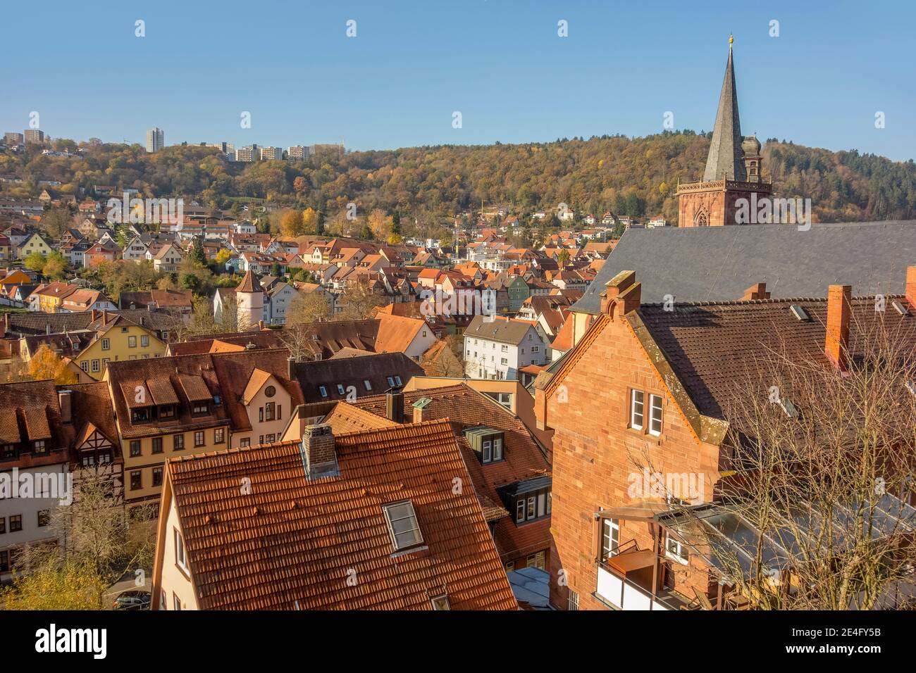aerial view of Wertheim, a town in Southern Germany at evening time ...