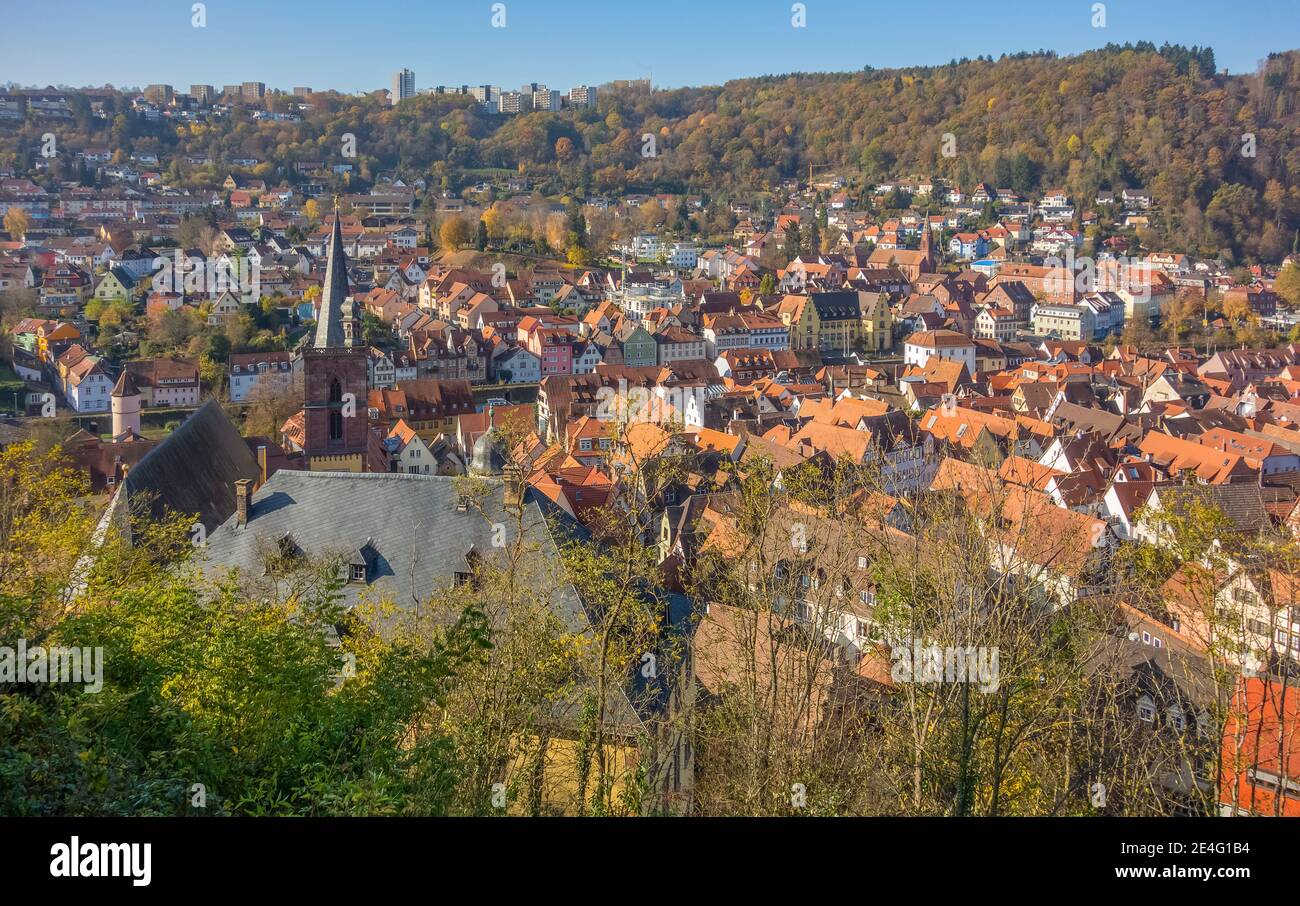 aerial view of Wertheim, a town in Southern Germany at evening time ...