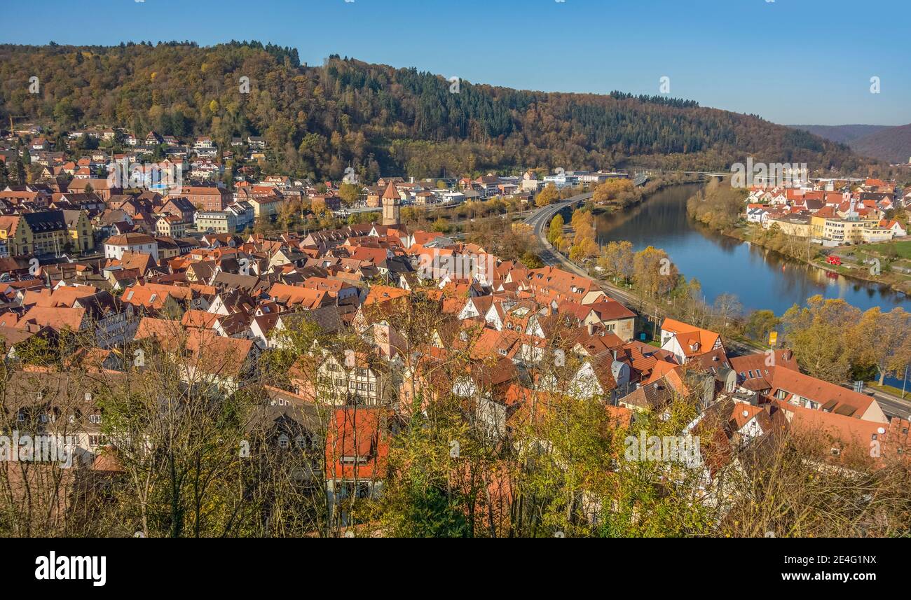 aerial view of Wertheim, a town in Southern Germany at evening time ...