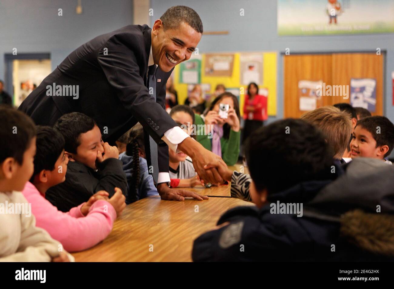 US President Barack Obama greets third and fourth graders at Viers Mill ...