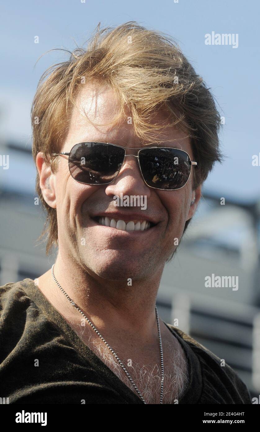 Bon Jovi lead singer Jon Bon Jovi performing during the concert outside ...