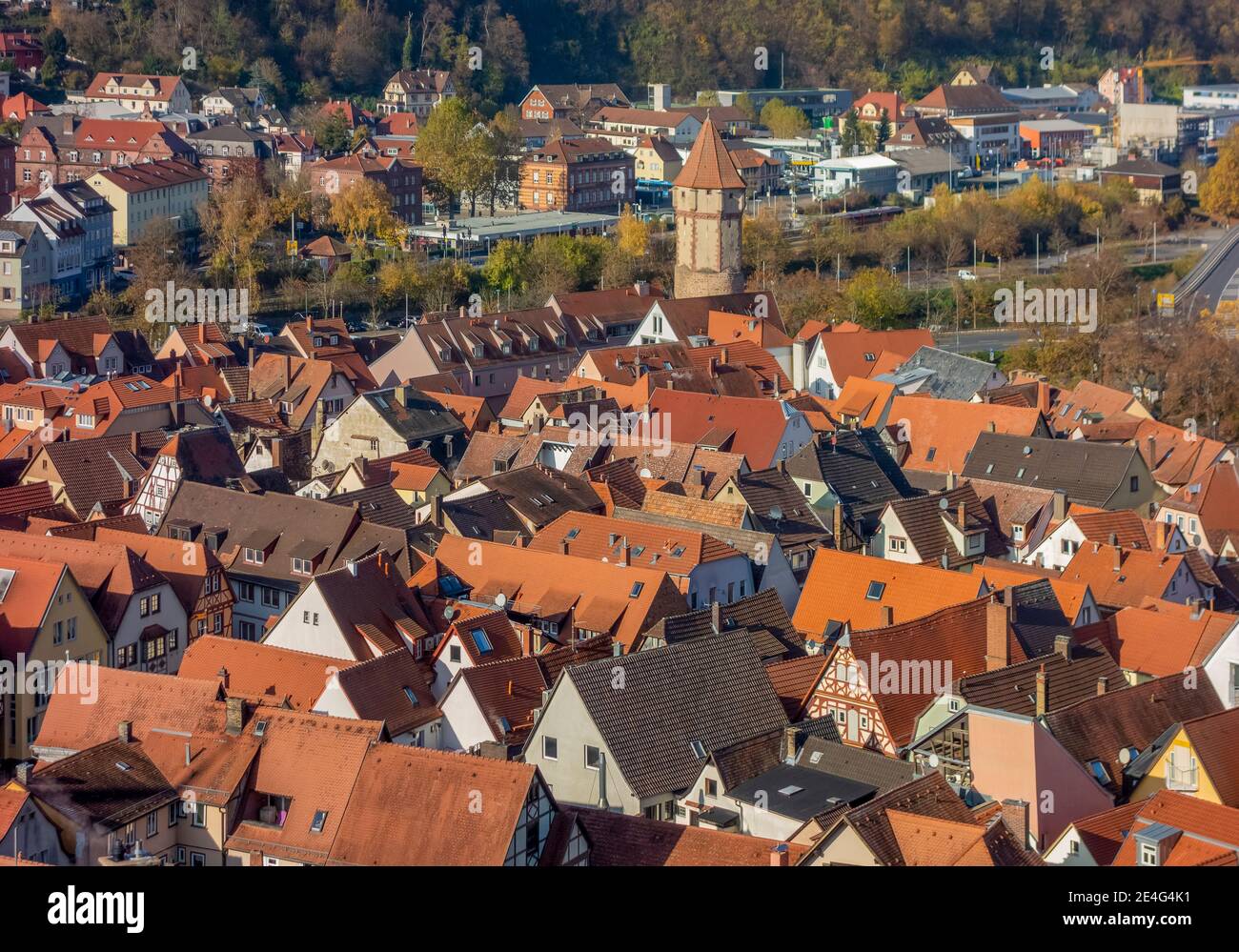 aerial view of Wertheim, a town in Southern Germany at evening time ...