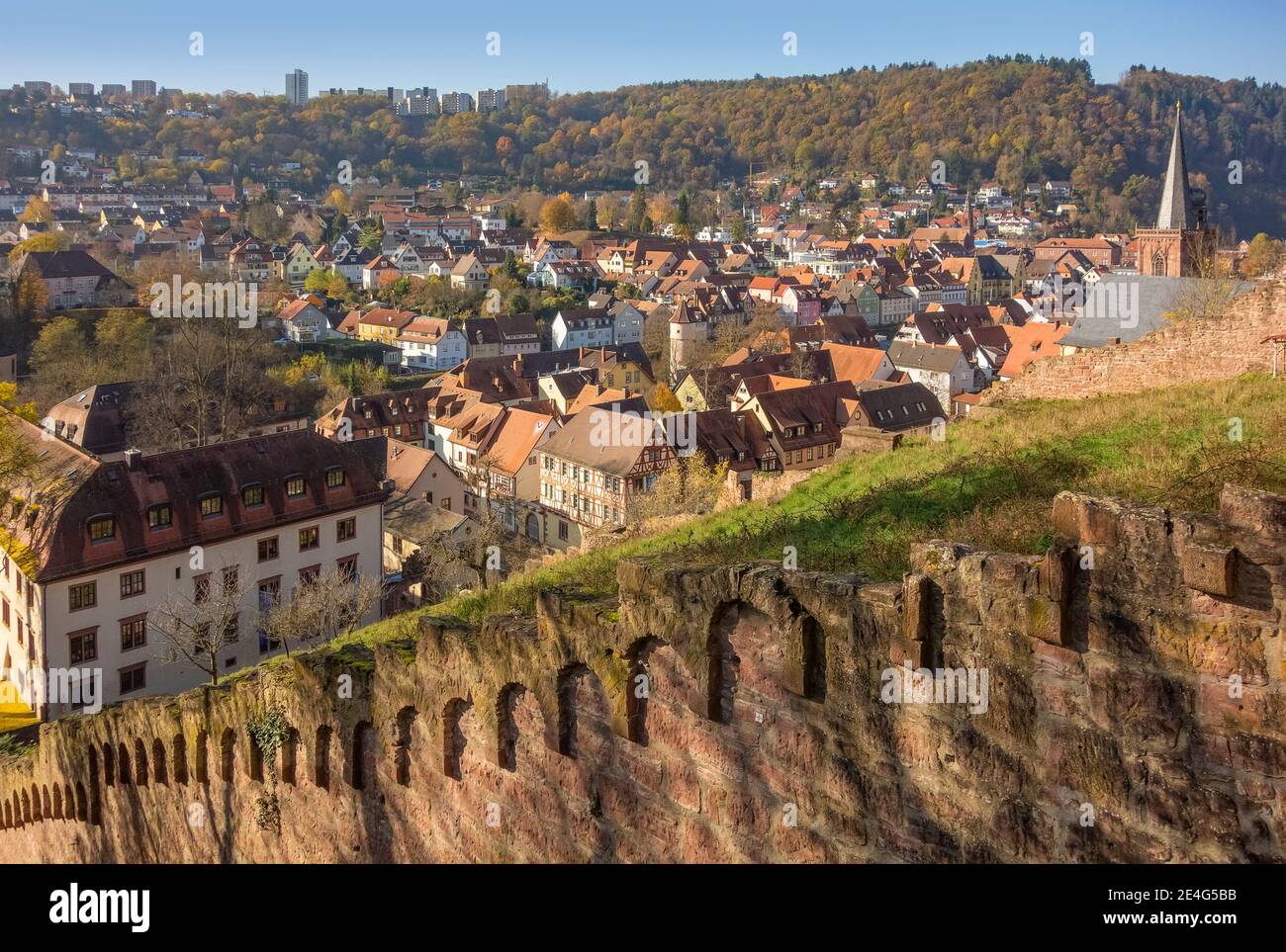 aerial view of Wertheim, a town in Southern Germany at evening time ...