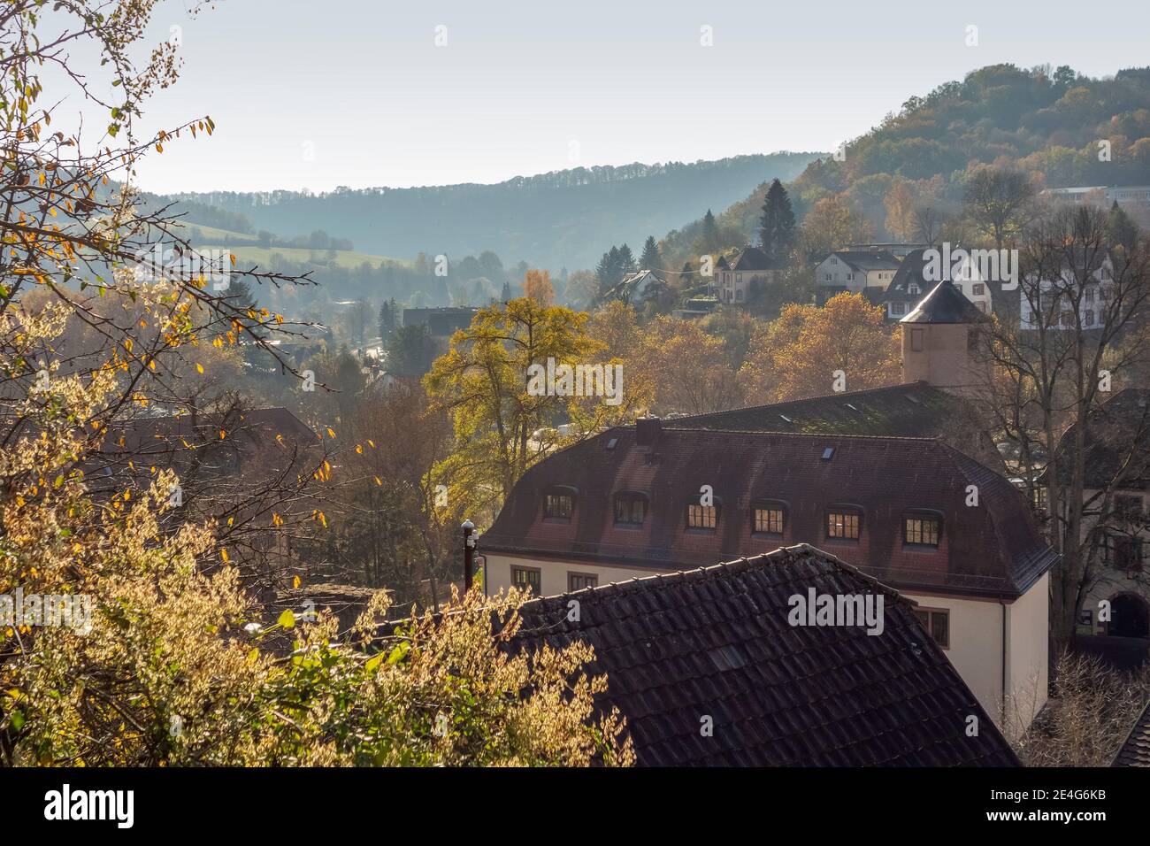 aerial view of Wertheim, a town in Southern Germany at evening time ...