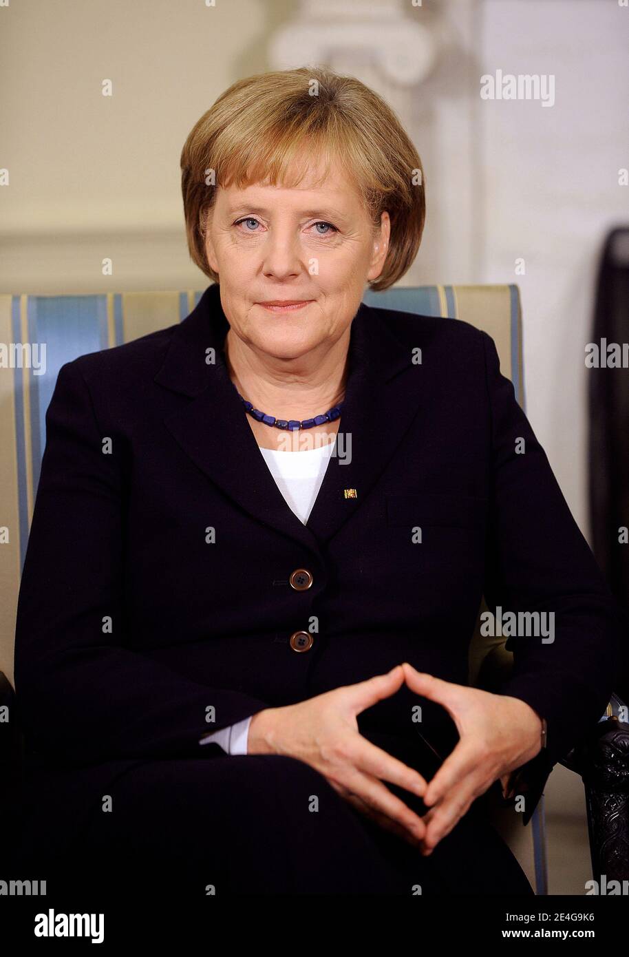 Chancellor Angela Merkel of Germany looks on in the Oval Office of the ...