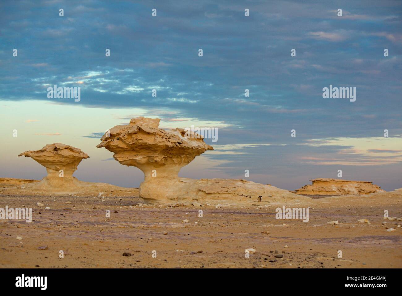 Sunrise in the Libyan desert, white desert, limestone formations in the ...