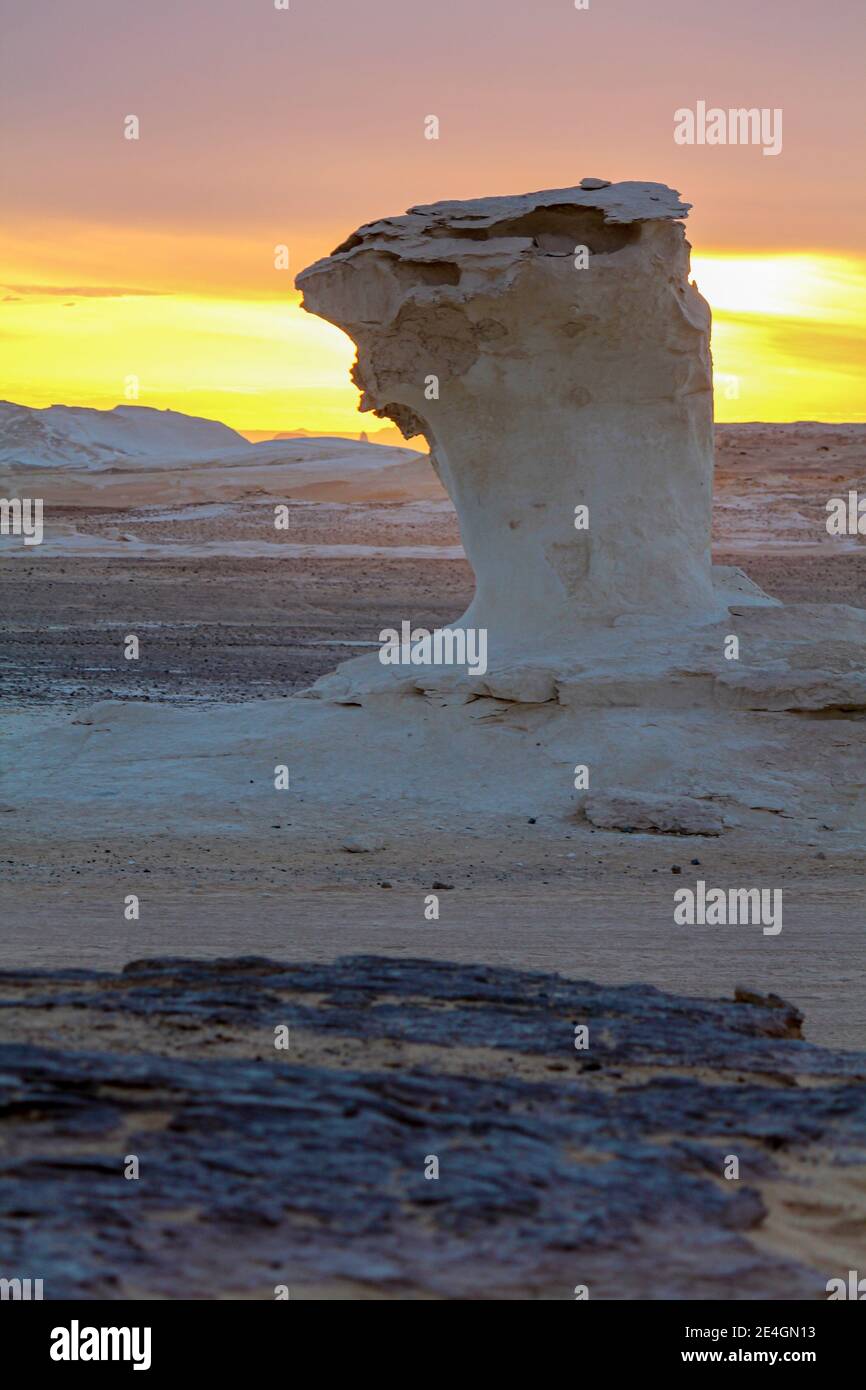 Sunrise in the Libyan desert, white desert, limestone formations in the ...