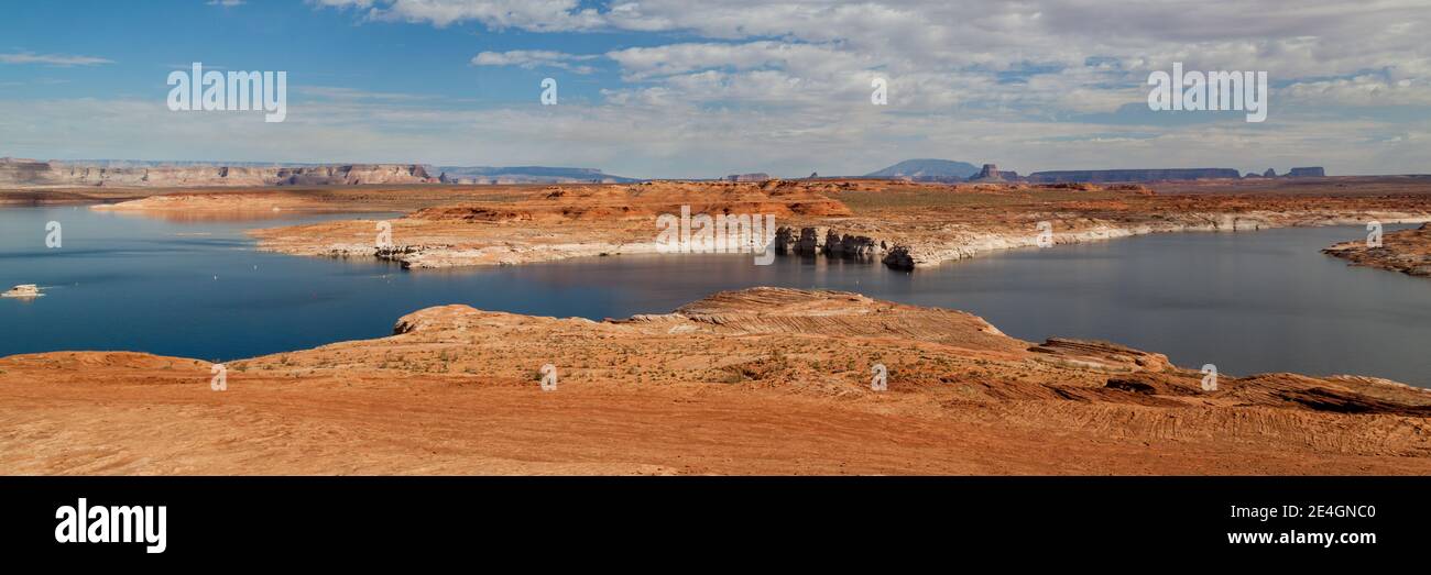 Lake Powell with a receding water level surrounded by desert landscape ...