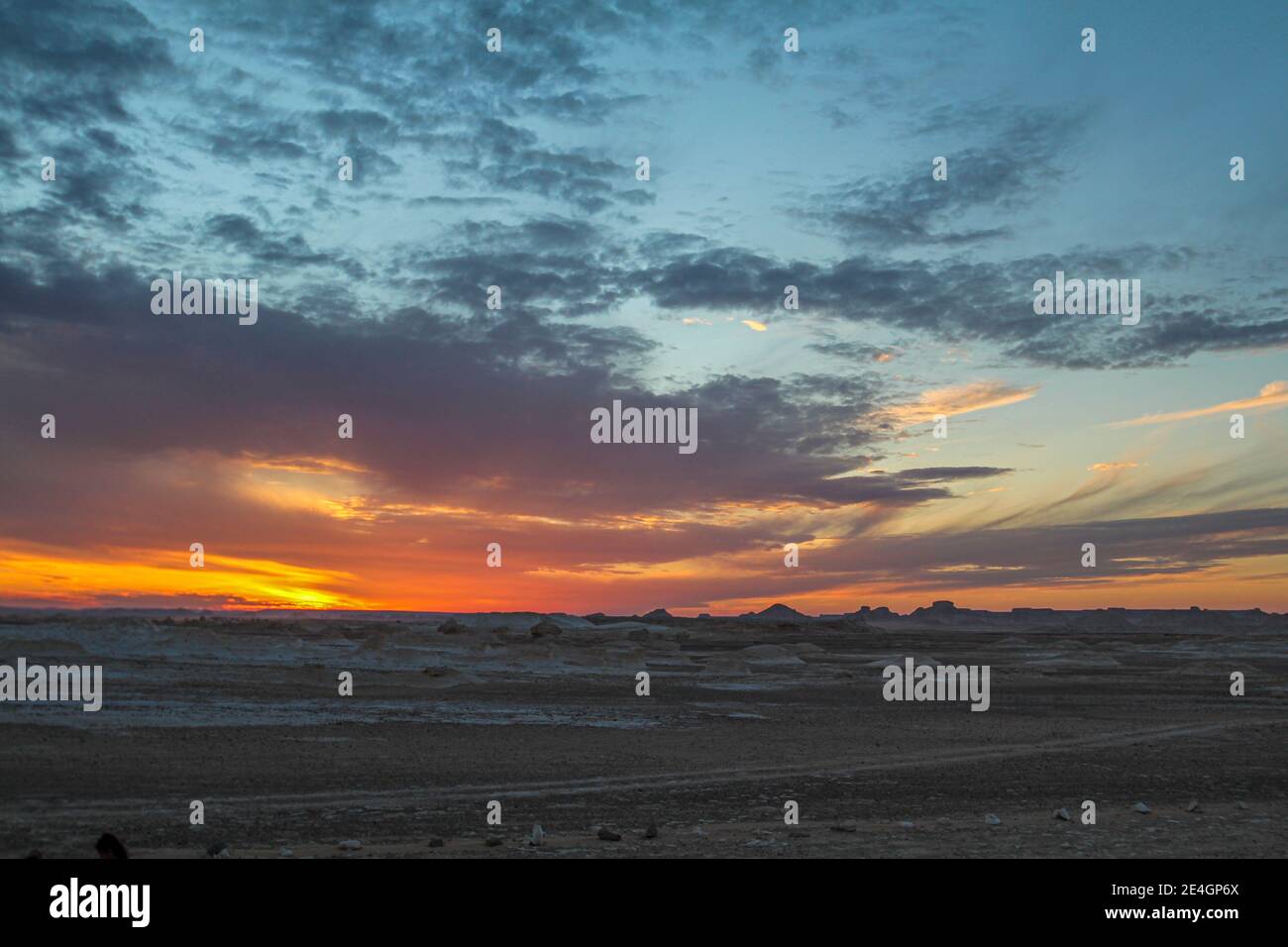 Sunrise in the Libyan desert, white desert, limestone formations in the ...