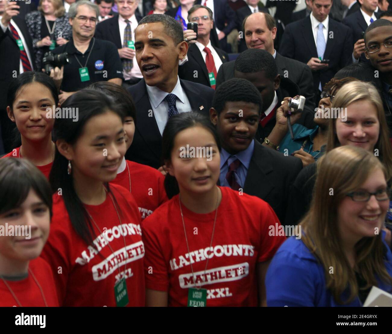 US President Barack Obama poses for a photograph with students from ...