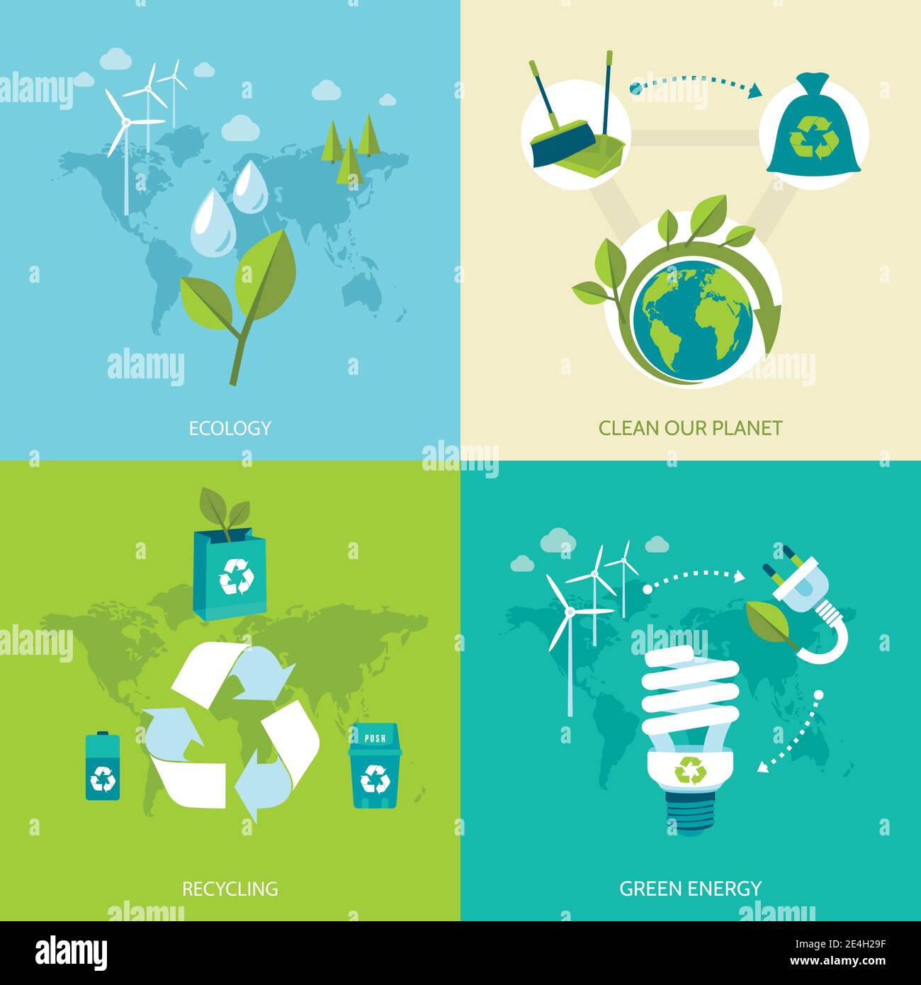 Ecology clean our planet recycling green energy concept icons set ...
