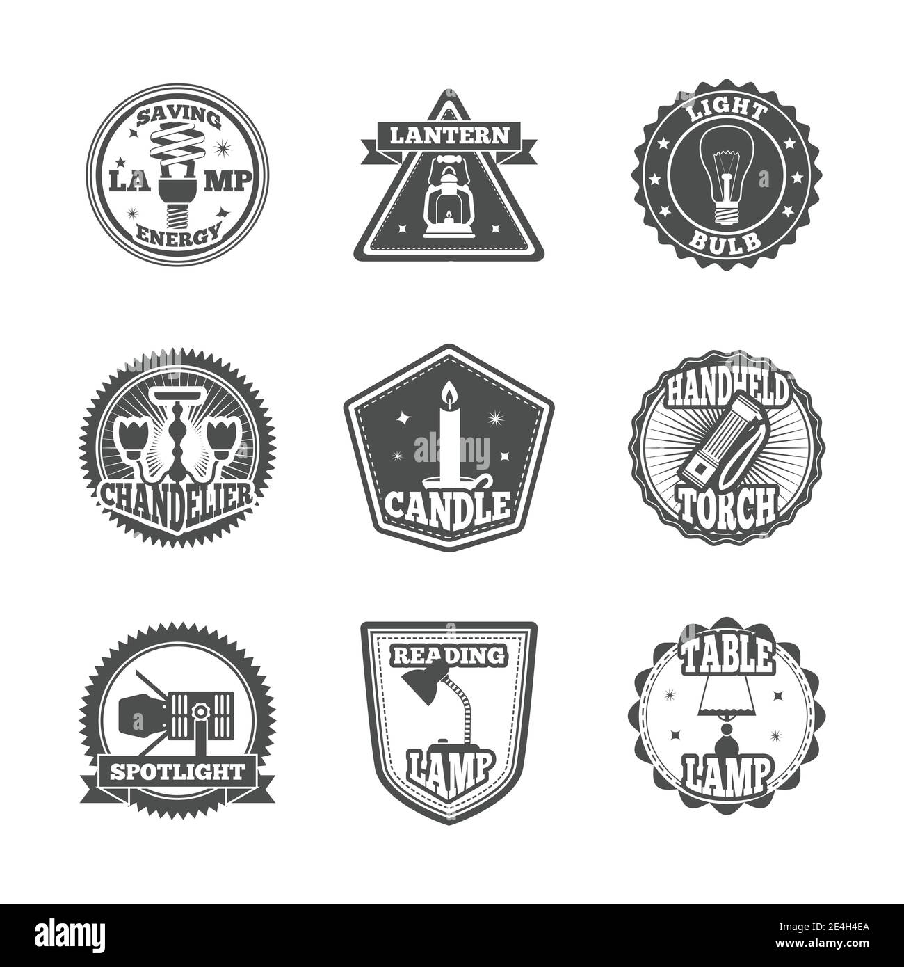 Flashlight and lamps energy saving light bulb label set isolated vector ...