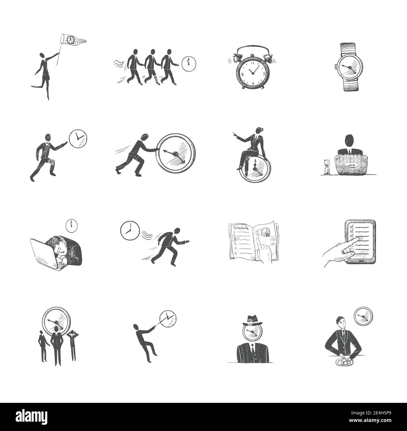 Decorative set of sketch time management icons with working people with ...