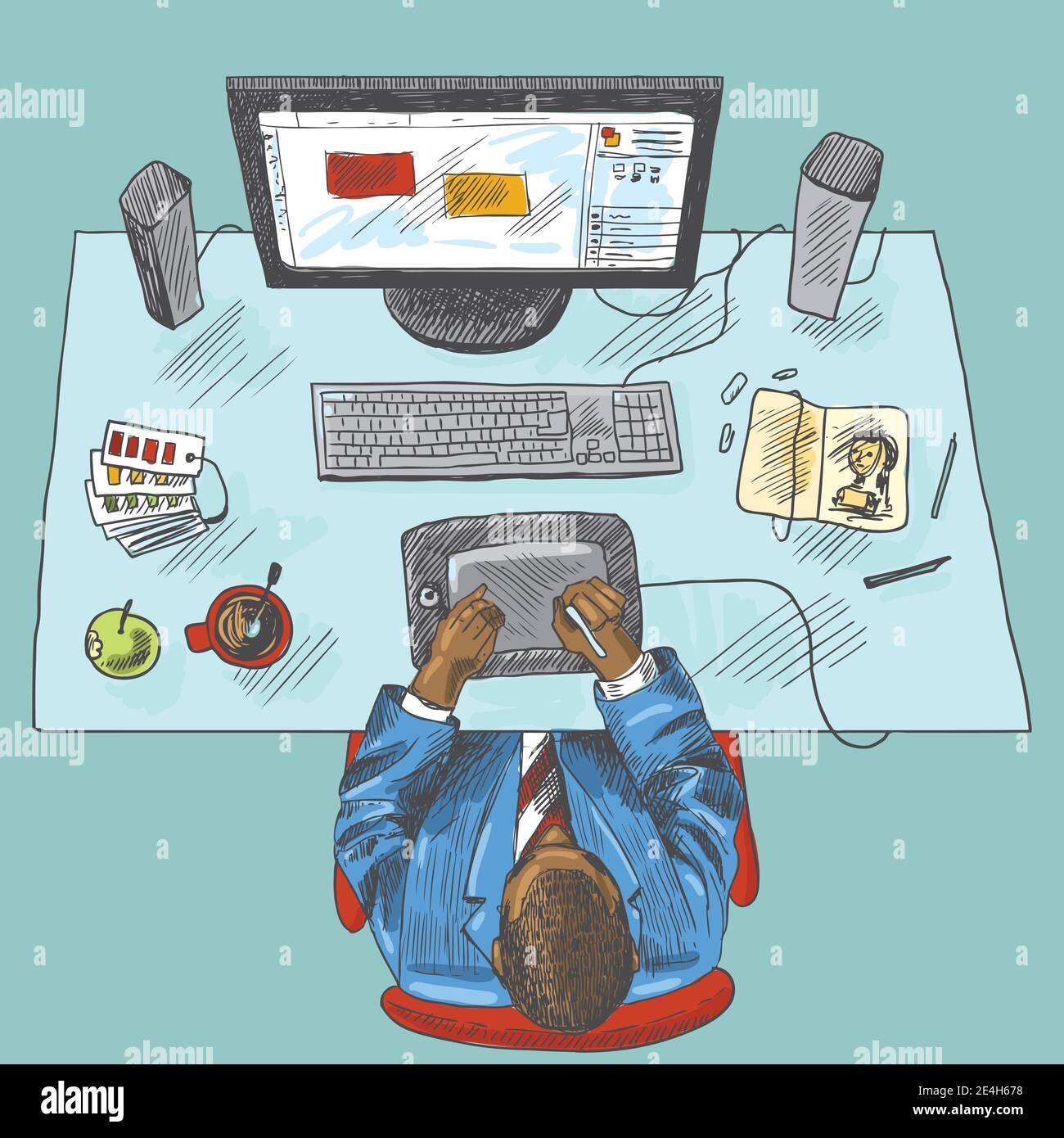 Designer work place tools with man sitting on table top view colored ...