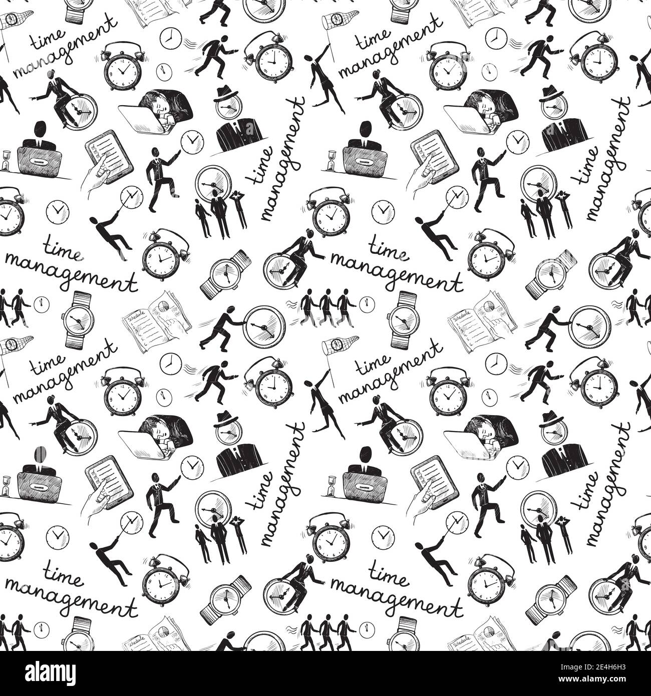 Time management seamless pattern with business sketch icons vector ...