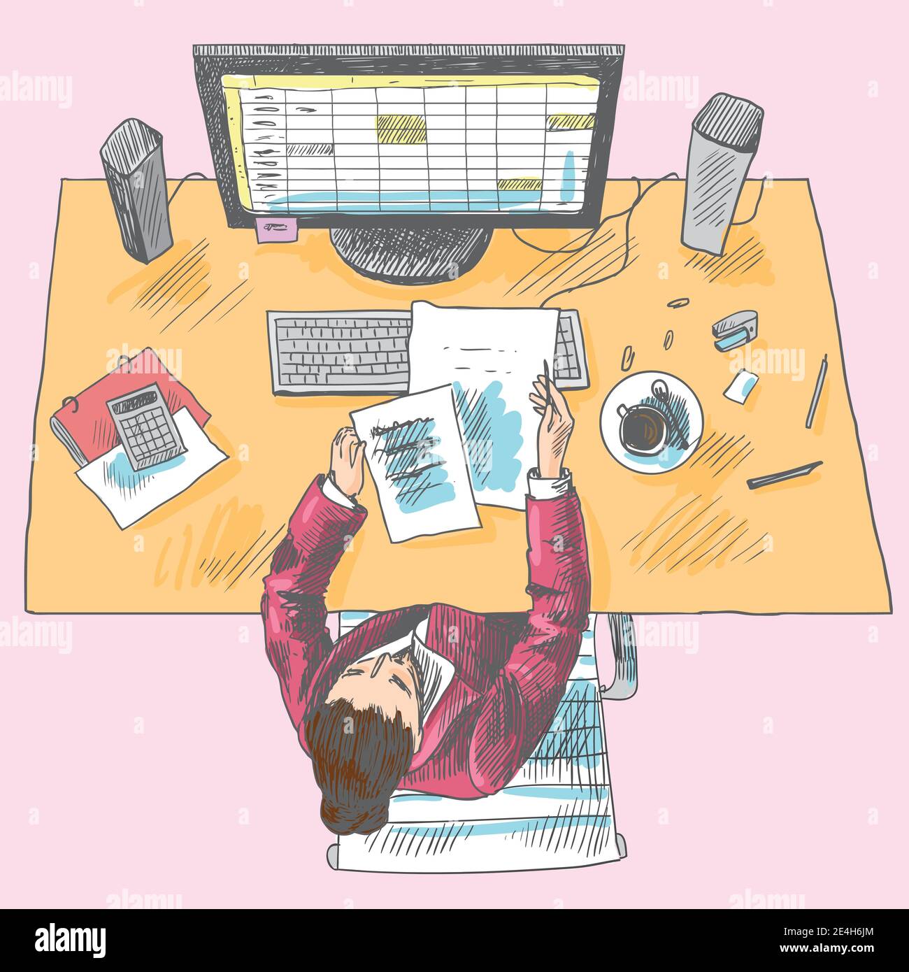 Accountant office employee work place tools with woman sitting on table ...