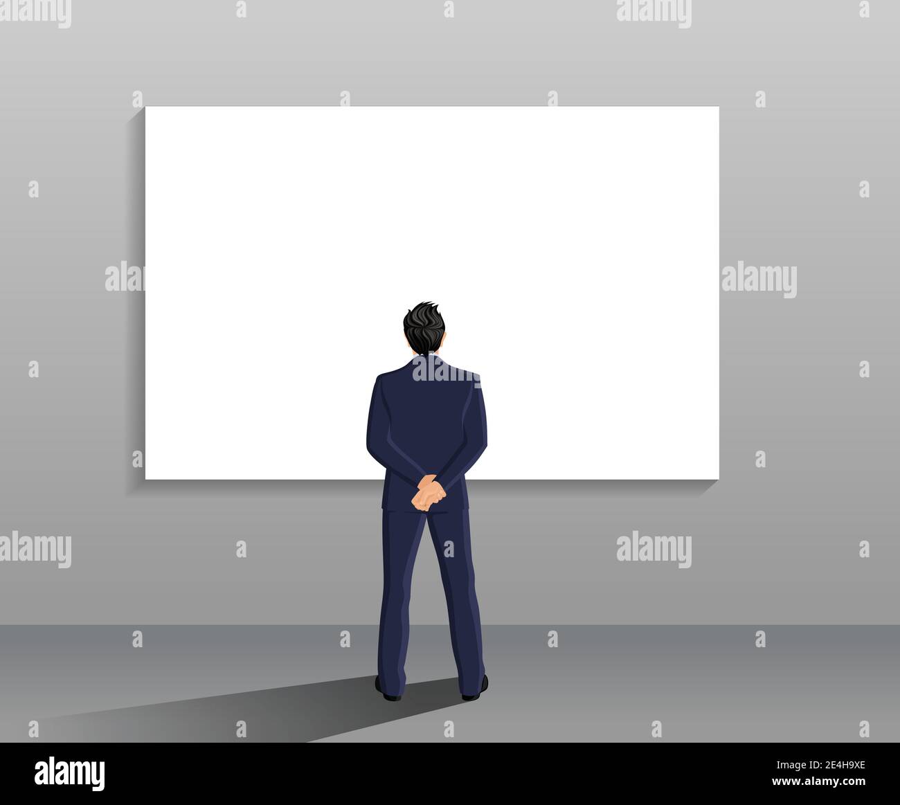 Businessman in suit full length back view in front of white board ...