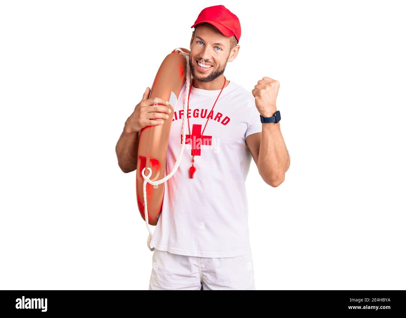 Young caucasian man wearing lifeguard t shirt holding float screaming ...