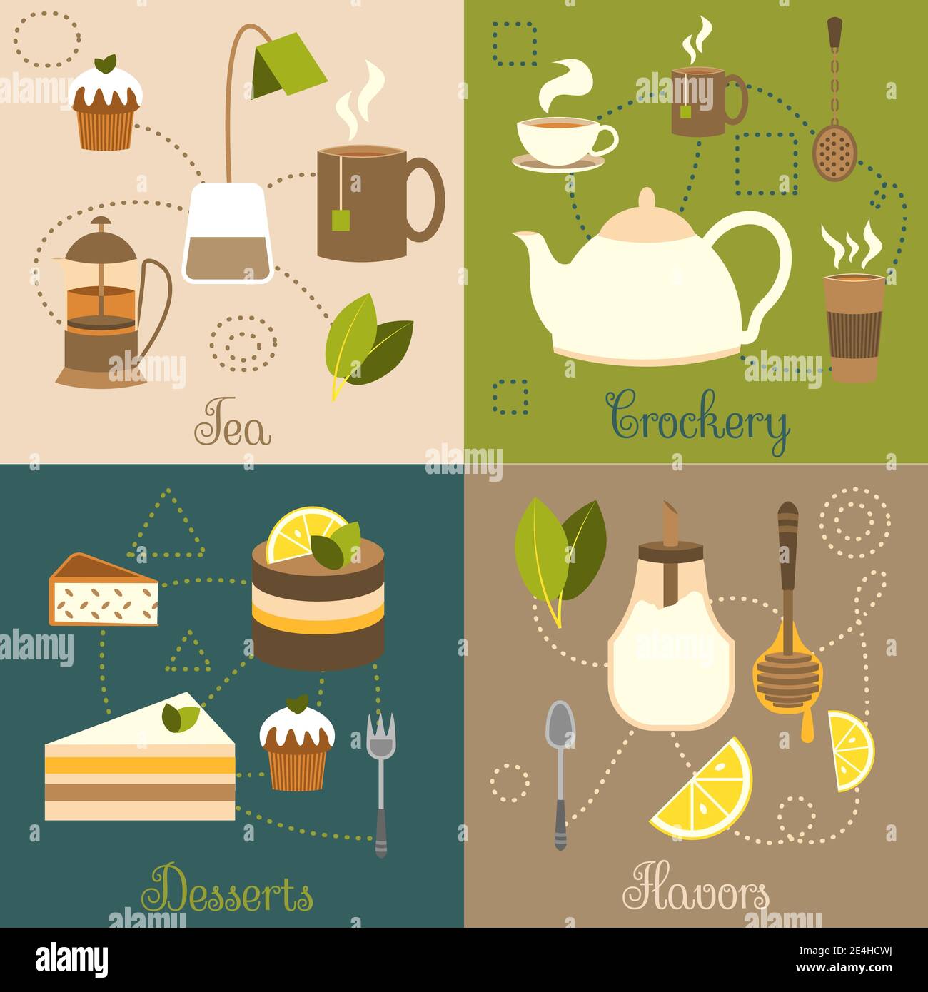 Tea crockery desserts flavors flat set isolated vector illustration ...