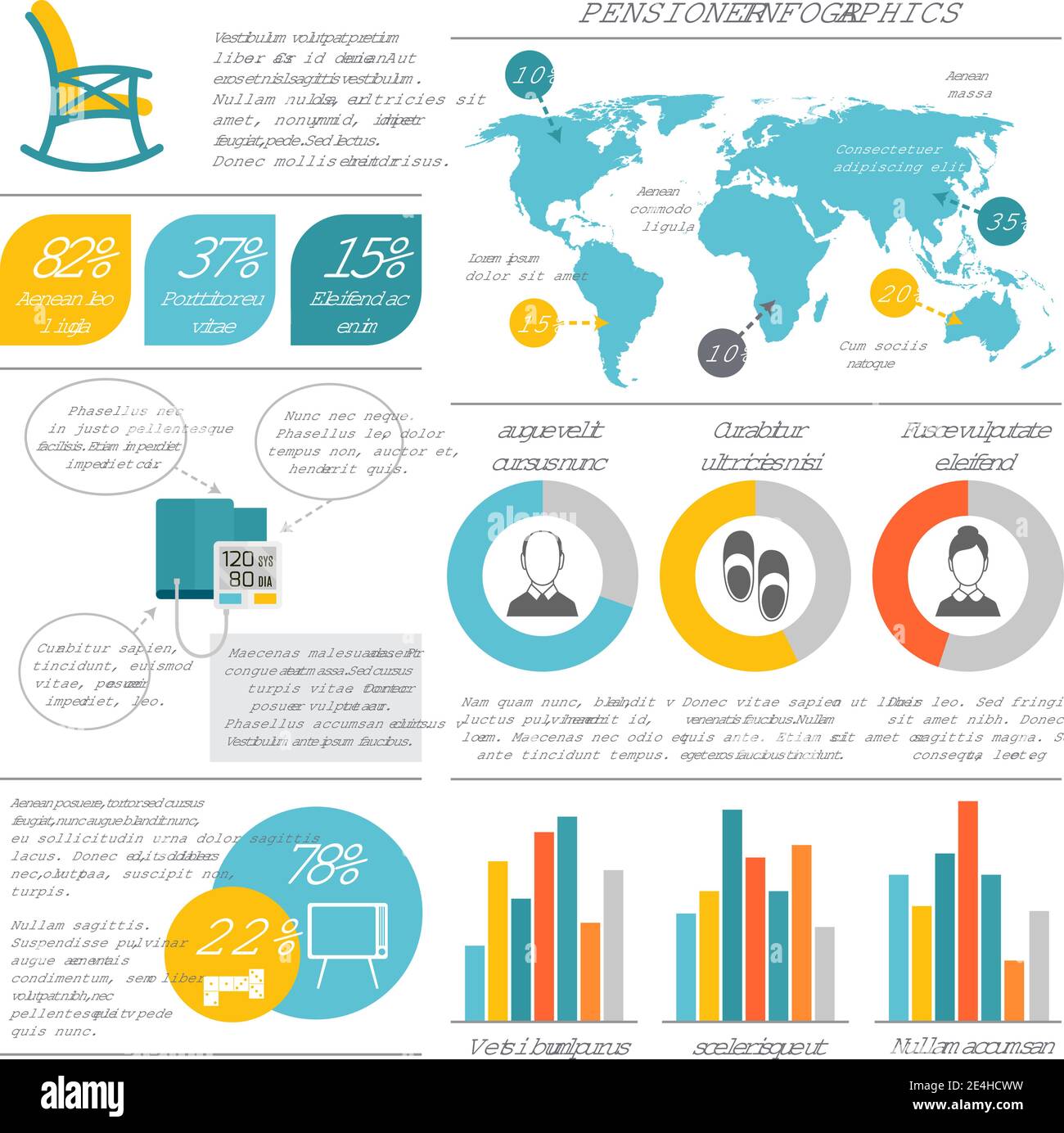 Pensioners life elderly care infographic set with charts and world map ...