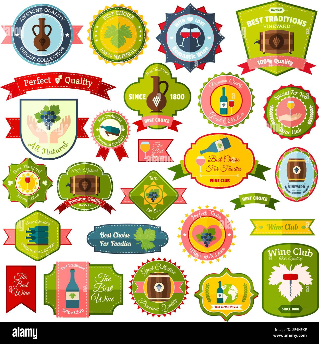 Wine label emblems and ribbons flat colored set of isolated vector ...