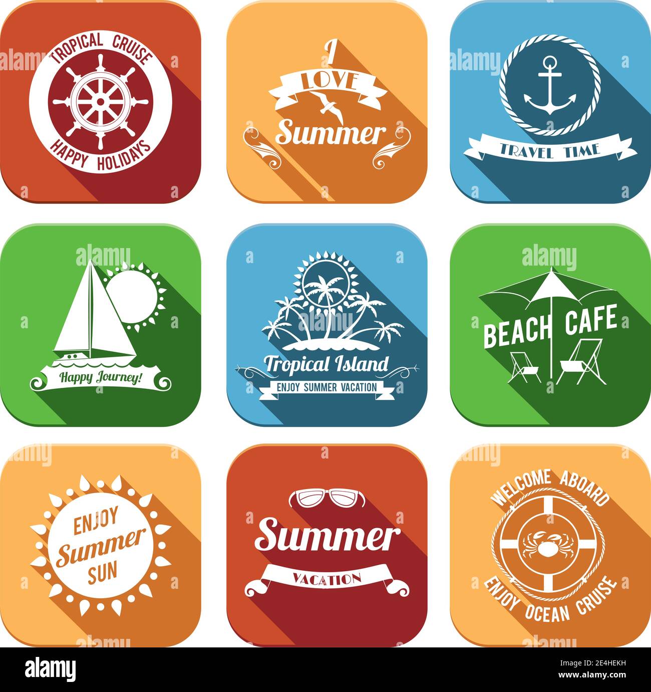 Summer sea retro vacation travel time tropical island flat emblems set ...