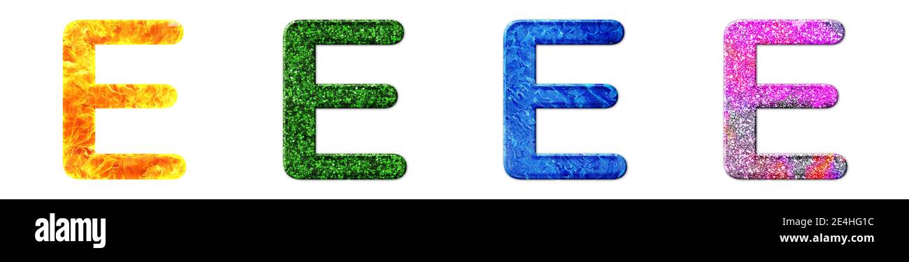 Illustration of the English letter "E" in four different colors on a ...