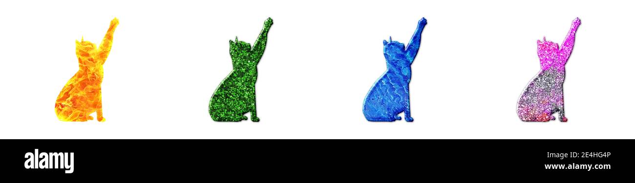 Illustration of a little cat reaching up in four different colors on a ...