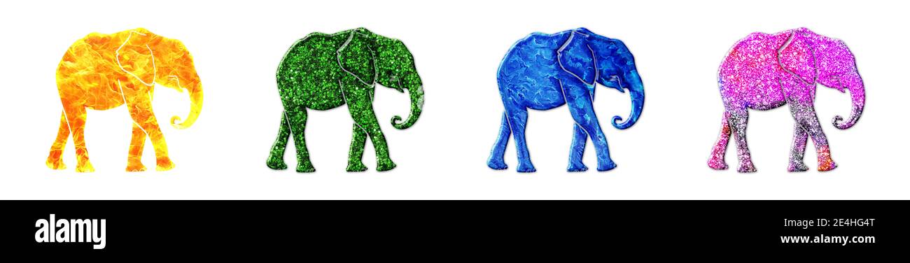 Illustration of an elephant in four different colors on a white ...