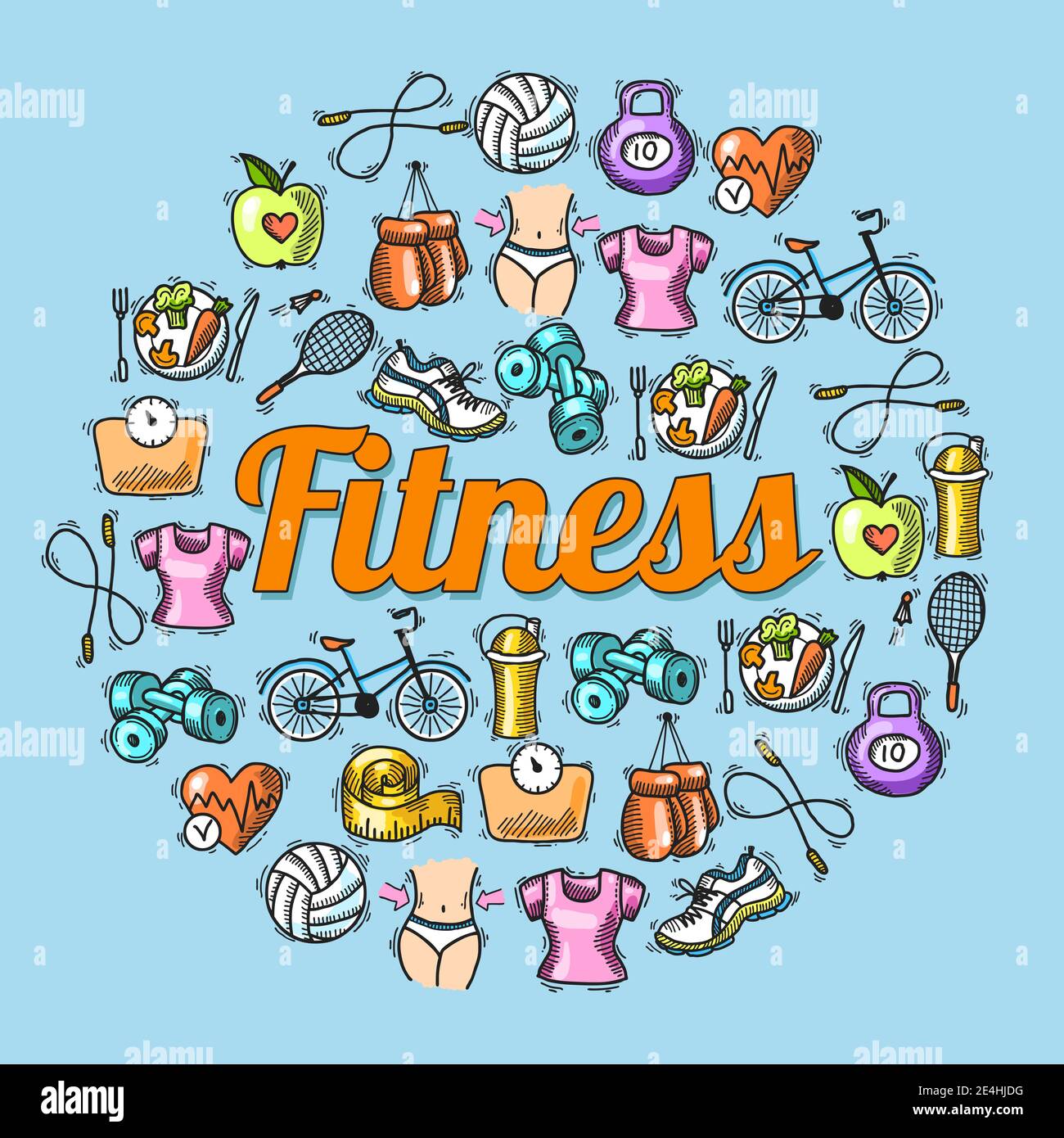 Fitness diet trainer exercise colored sketch hand drawn concept vector ...
