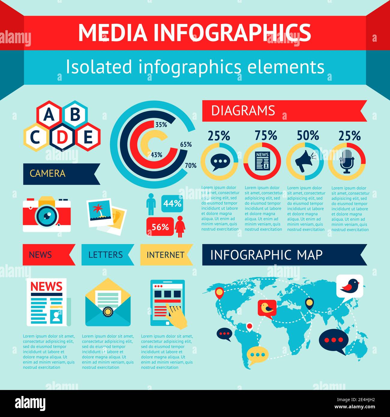 Media news social communication infographics set with charts and world ...