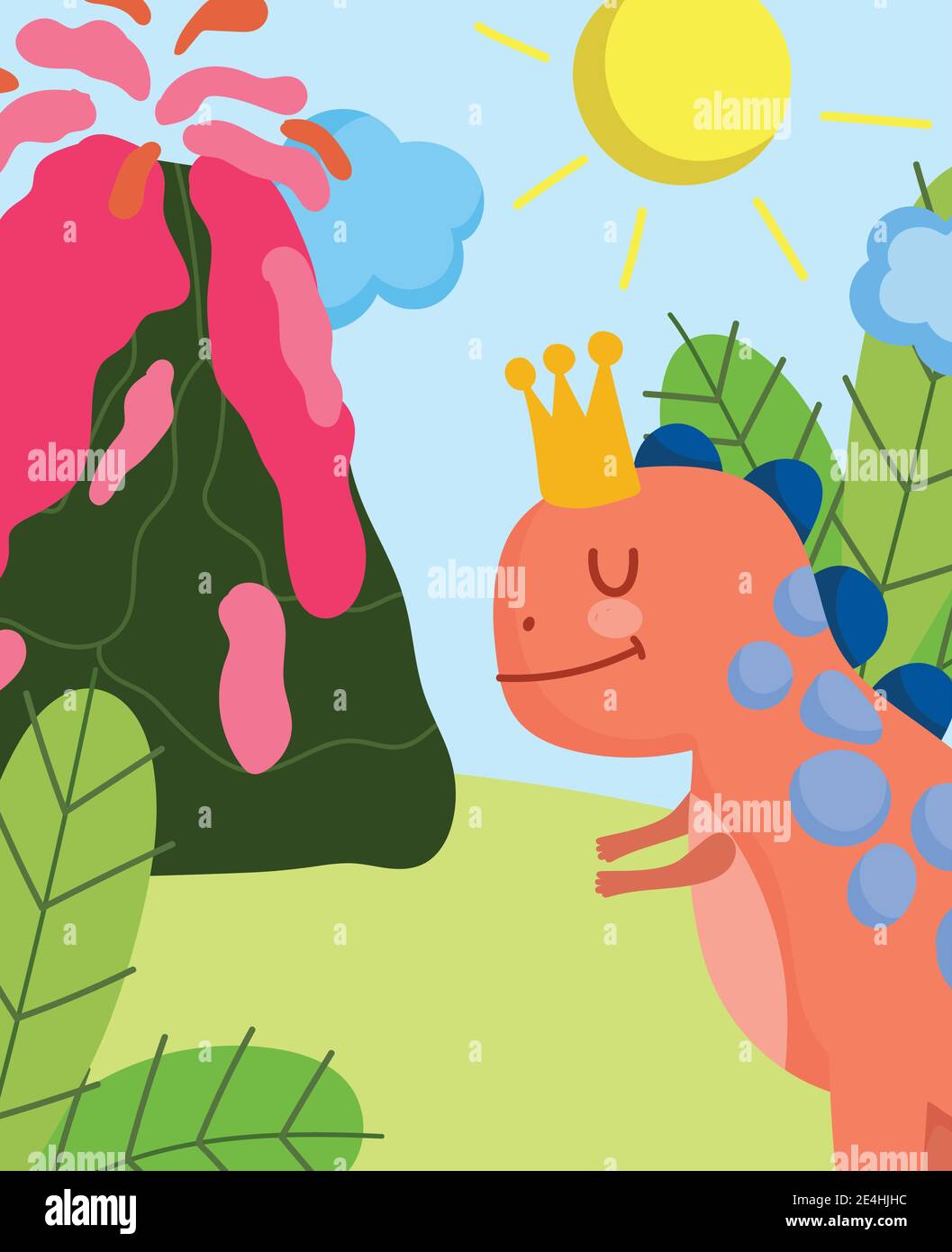 cartoon prehistoric dino and volcano tropical vector illustration Stock ...