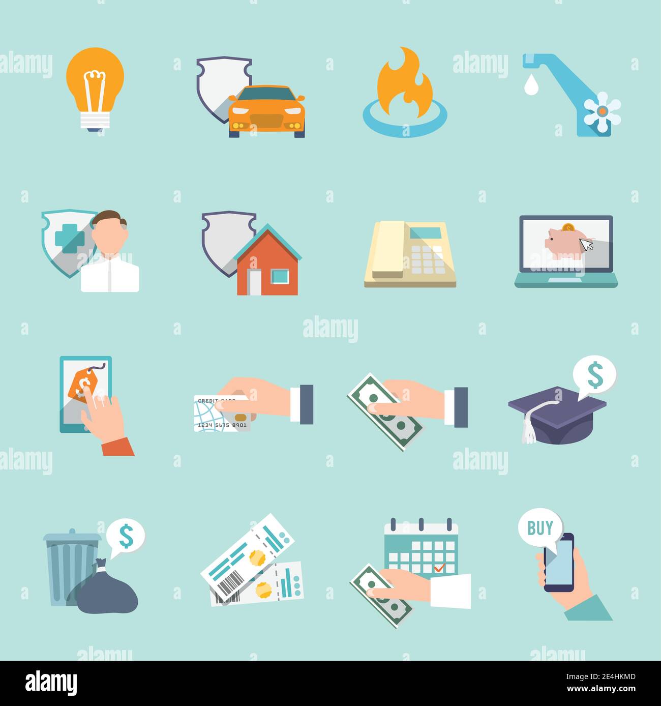 Pay bill taxes invoices and checks icons flat set isolated vector ...