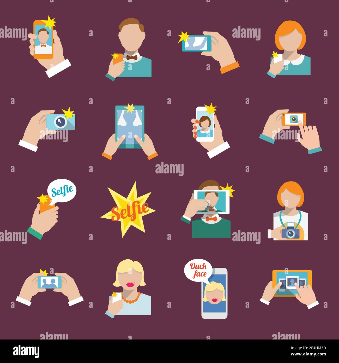 Selfie self portrait camera portrait photo taking flat icons set ...